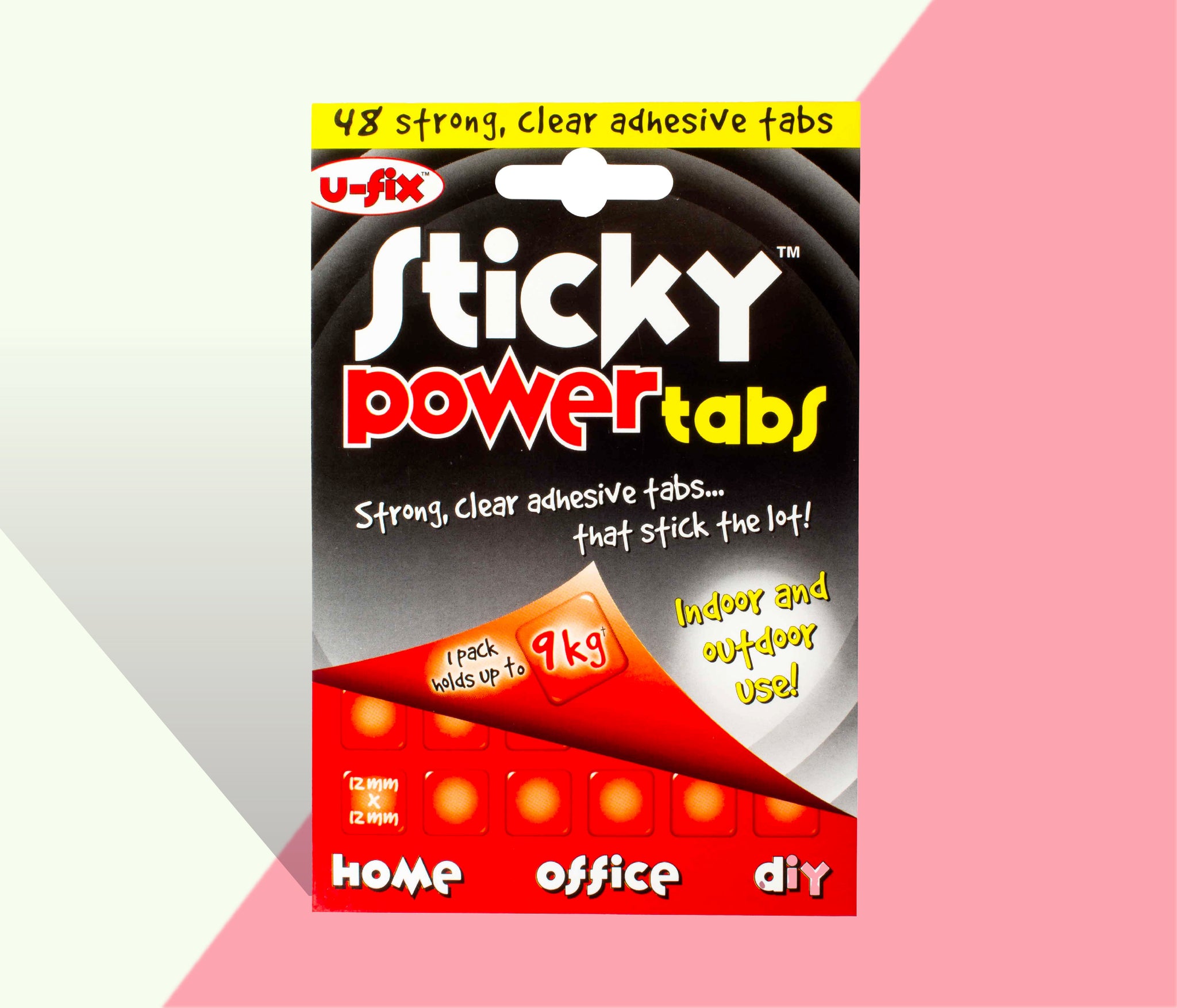 U-Fix Sticky Power Tabs - 48 x strong adhesive tabs 12mm x 12mm - Use