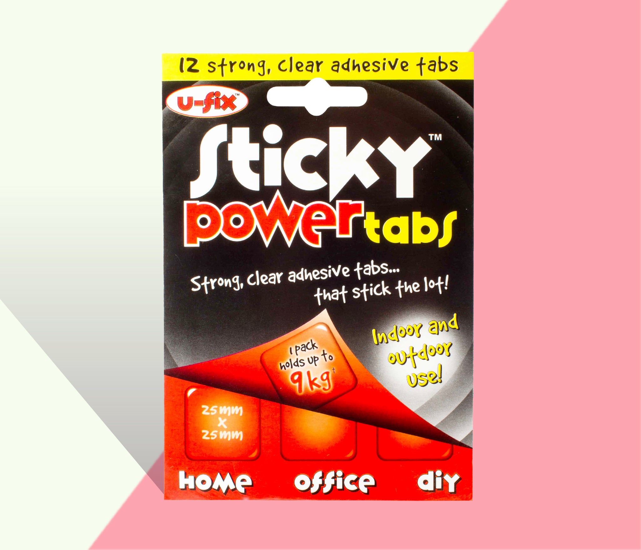 U-Fix Sticky Power Tabs - 12 x strong adhesive tabs 25mm x 25mm- Use i